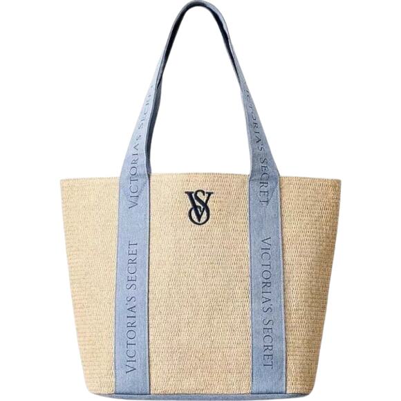 Victoria's Secret | Bags | Victorias Secret Blue Beige Straw Beach ...